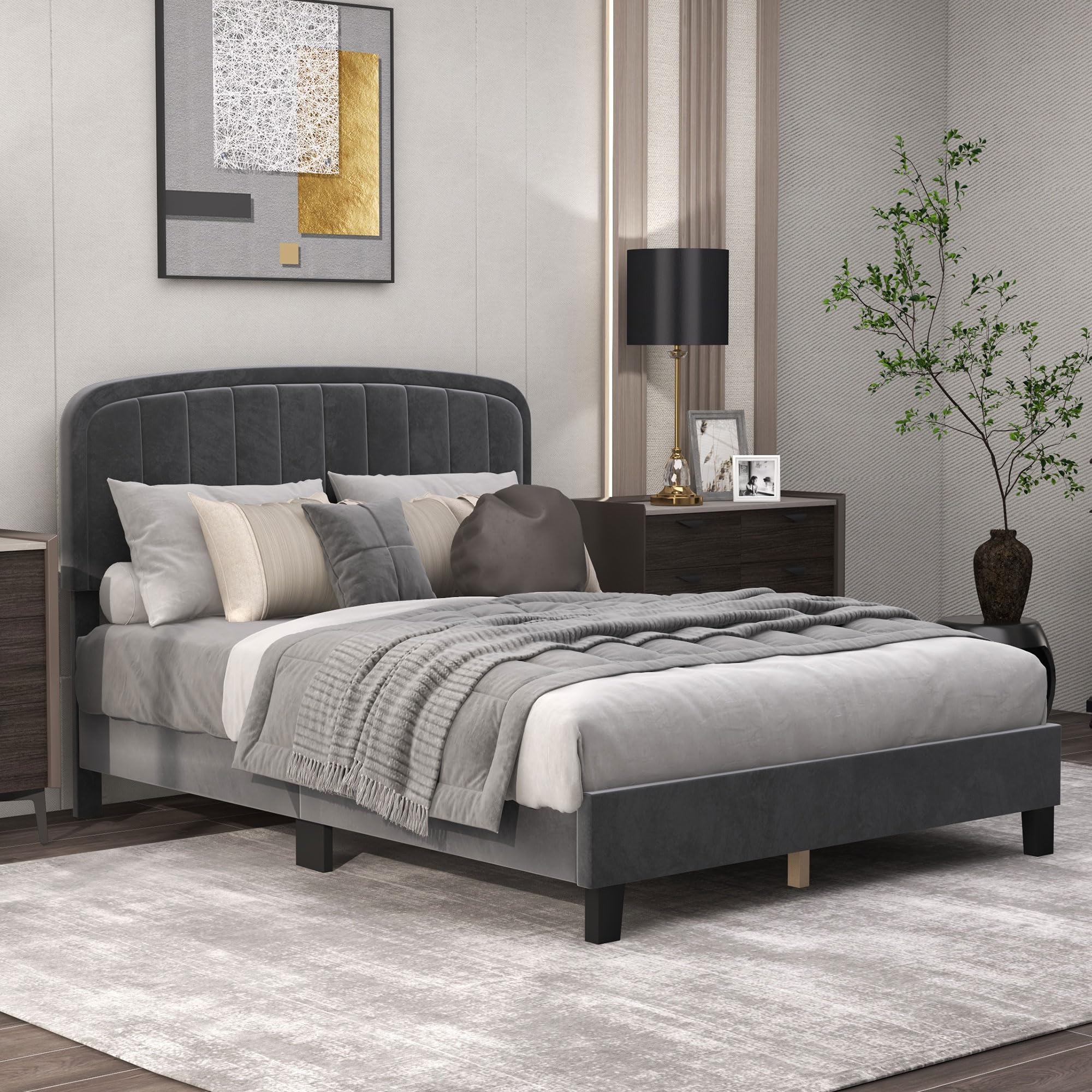 Bonzy Home Queen Bed Frame with Headboard, Modern Queen Size Platform Bed Frame, No Box Spring Needed, Easy Assembly, Grey