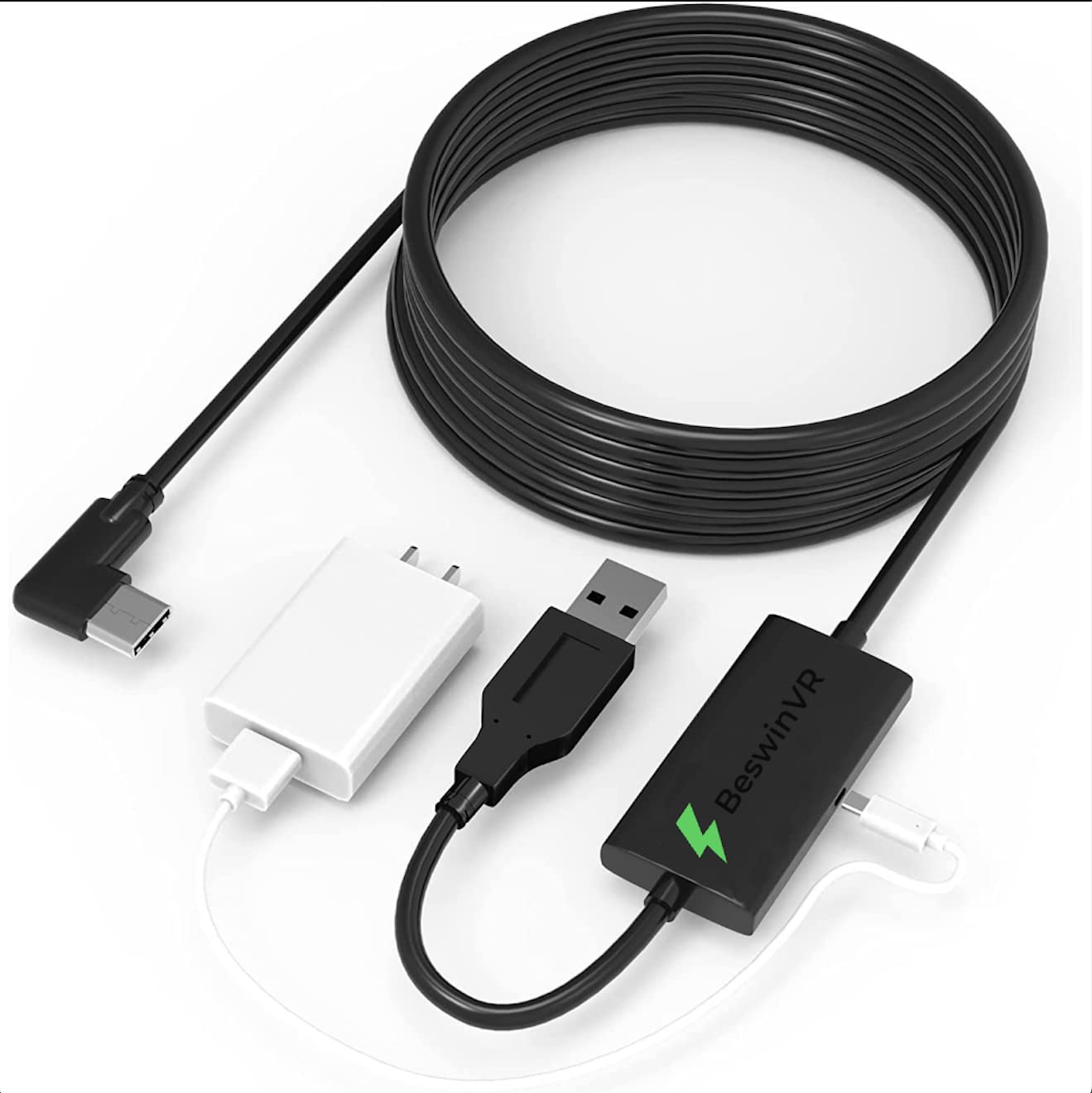 BeswinVR Link Cable with Separate Charging Port 16FT/ 5M - for Meta Quest 2, Pico 4, Meta Quest pro, High Speed Data Transfer USB 3.0 Type A to C Cable- White