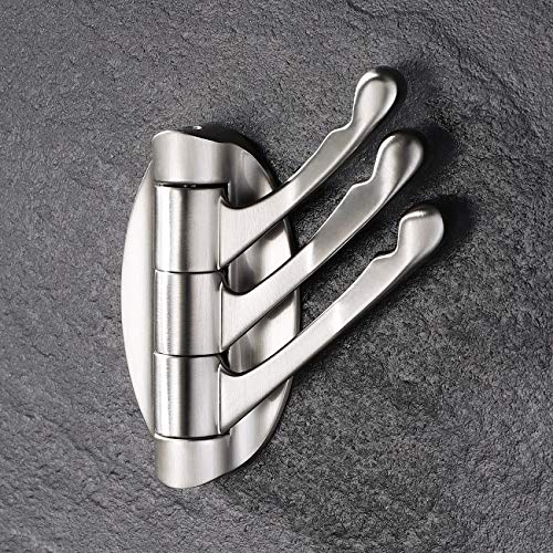 KES Solid Metal Swivel Hook Heavy Duty Folding Swing Arm Triple Coat Hook with Multi Three Foldable Arms Towel/Clothes Hanger for Bathroom Kitchen Garage Wall Mounted Brushed Nickel, A5060-2