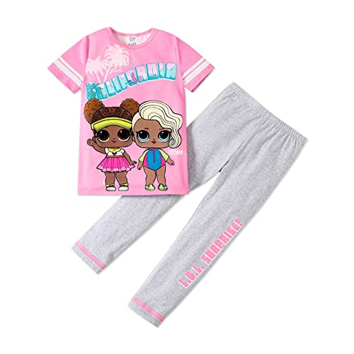 L.O.L. Surprise! 2pcs Kid Girl Clothes Letter Print Striped Short Sleeve Pink Tee Top and Pants Set Dark Pink 5-6 Years
