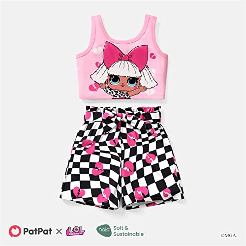 L.O.L. Surprise! Kid Girl 2pcs Mother's Day Character Print Sleeveless Tee and Plaid Belted Shorts Set Pink 11-12 Years