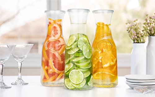 Large Glass Carafe Pitchers, By Kook, 50 oz Beverage Dispensers, Clear Jugs For Mimosas, Water, Wine, Milk and Juice, with Plastic Lids, Dishwasher Safe, of 3