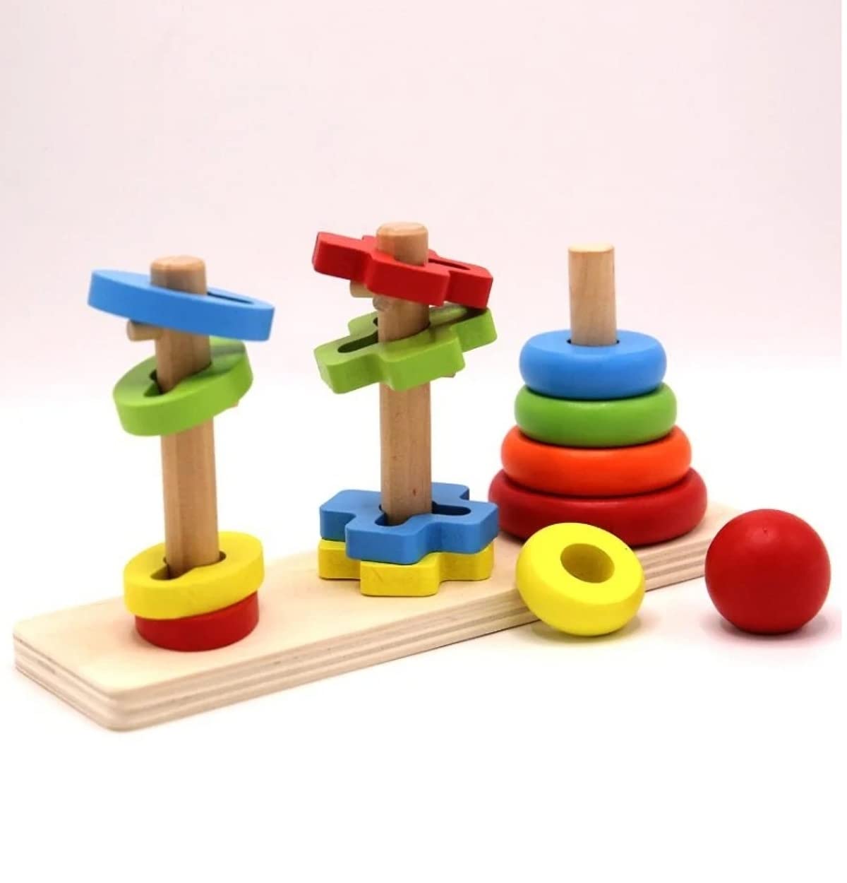 KanCai Wooden Rainbow Column Tower Stacking Rings Toy Classic Stacker Wooden Shape Color Recognition Sorting & Stacking Block Puzzle for 3-6 Year Olds