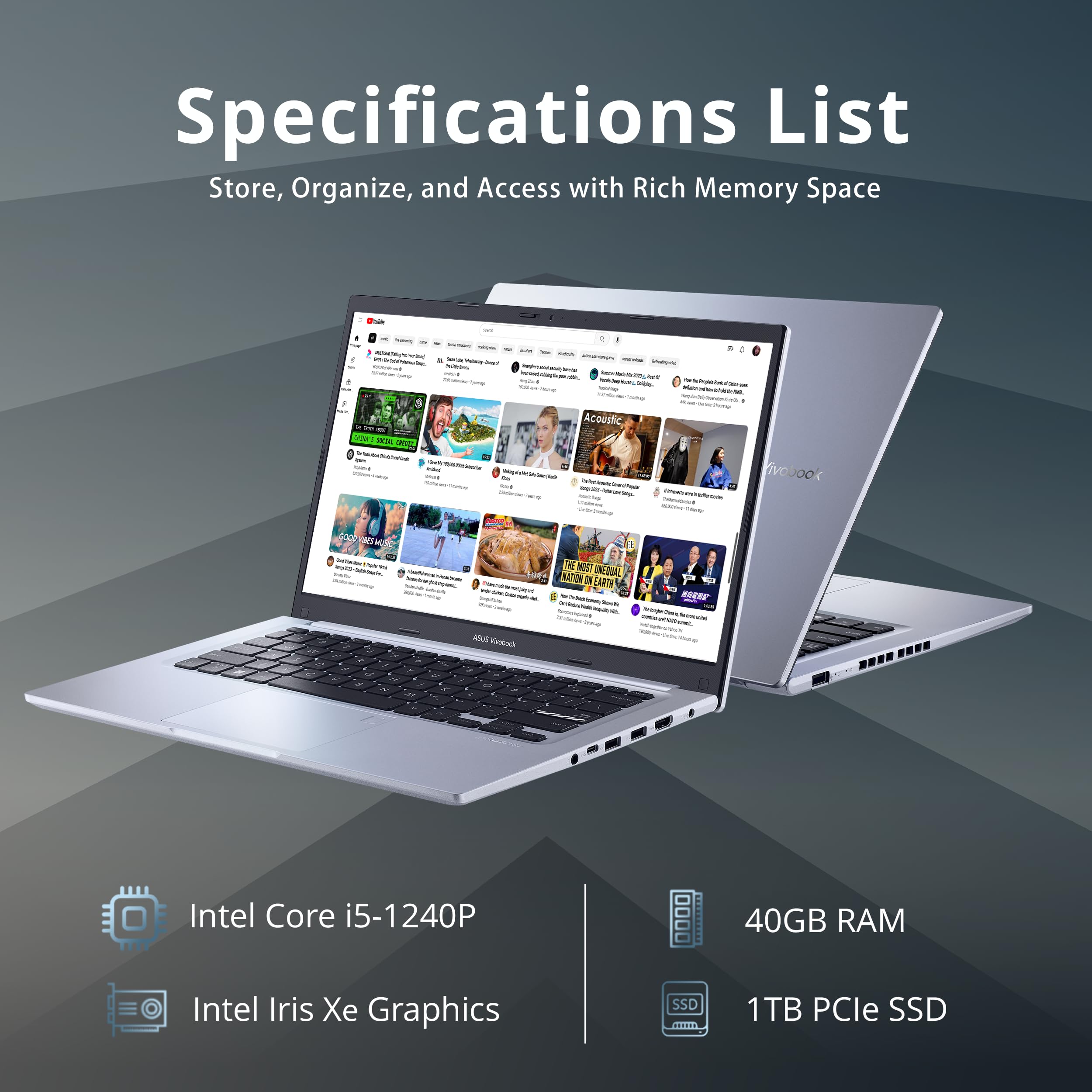 ASUS Vivobook 14 14" FHD Lightweight Laptop, Intel Core i5 1240P, 40GB RAM, 1TB SSD, Backlit Keyboard, Iris Xe Graphics, HD Camera, Fingerprint Sensor, WiFi 6, Win 11 Pro, Blue, 32GB USB Card