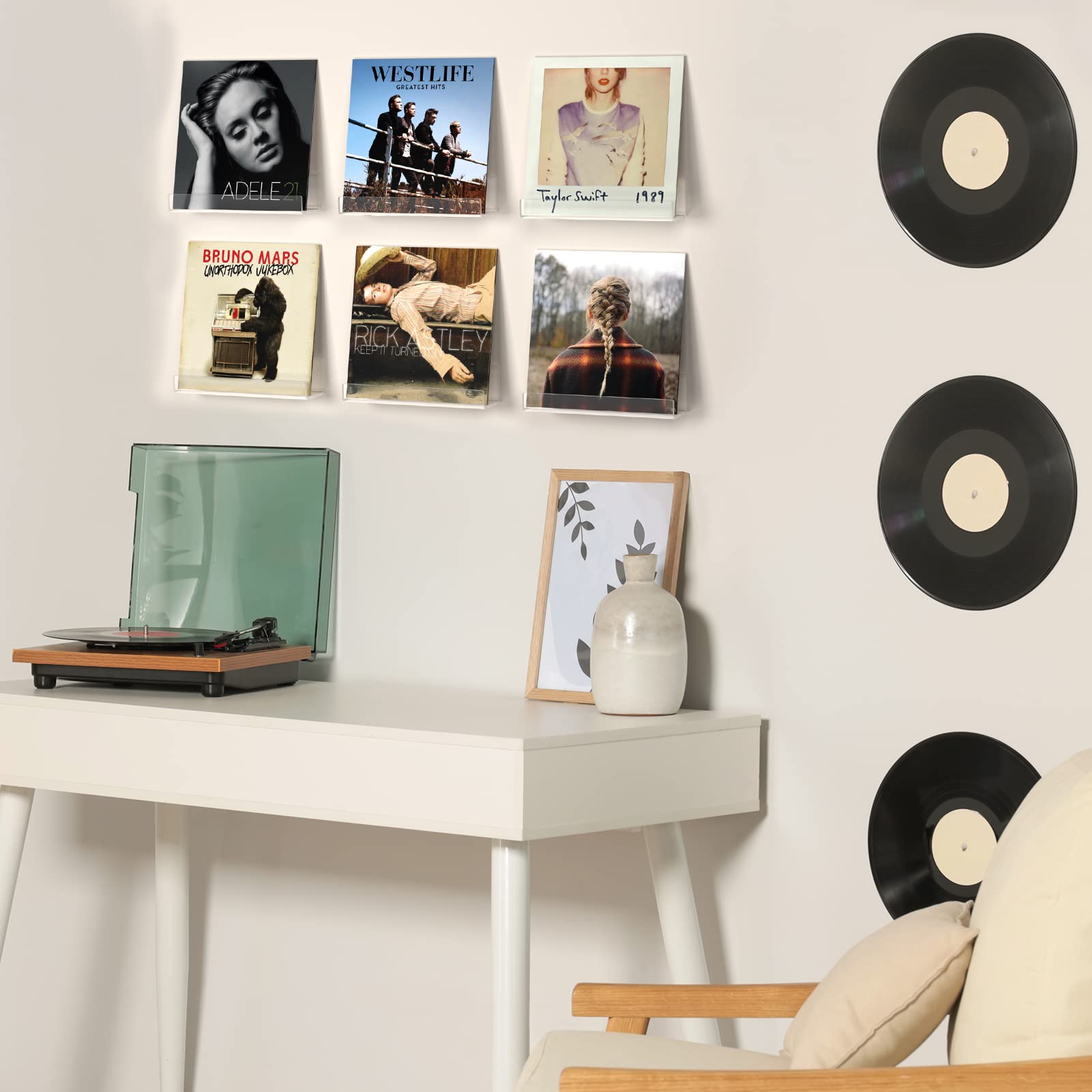 Laurensory Vinyl Record Shelf Wall Mount, 6 Pack Clear Acrylic Album Record Holder Display, Kids Bookshelf, Floating Wall Shelves for Bathroom, Bedroom, Living Room, Kitchen, 7 inch