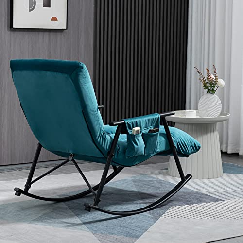 ZJhome Velvet Accent Folding Rocking Recliner Chair Nursery with Side Pocket Adjustable High Back & Foot Rest, Comfortable Upholstered Nursing Glider Rocker Armchair for Living Room, Bedroom(Teal)