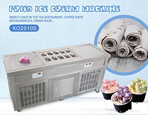 Kolice ETL commercial double square pans fried ice cream machine, frozen yogurt cubes making machine, roll ice cream machine with 10 pcs of refrigerated buckets, 21x21 inches big pan. Auto defrost