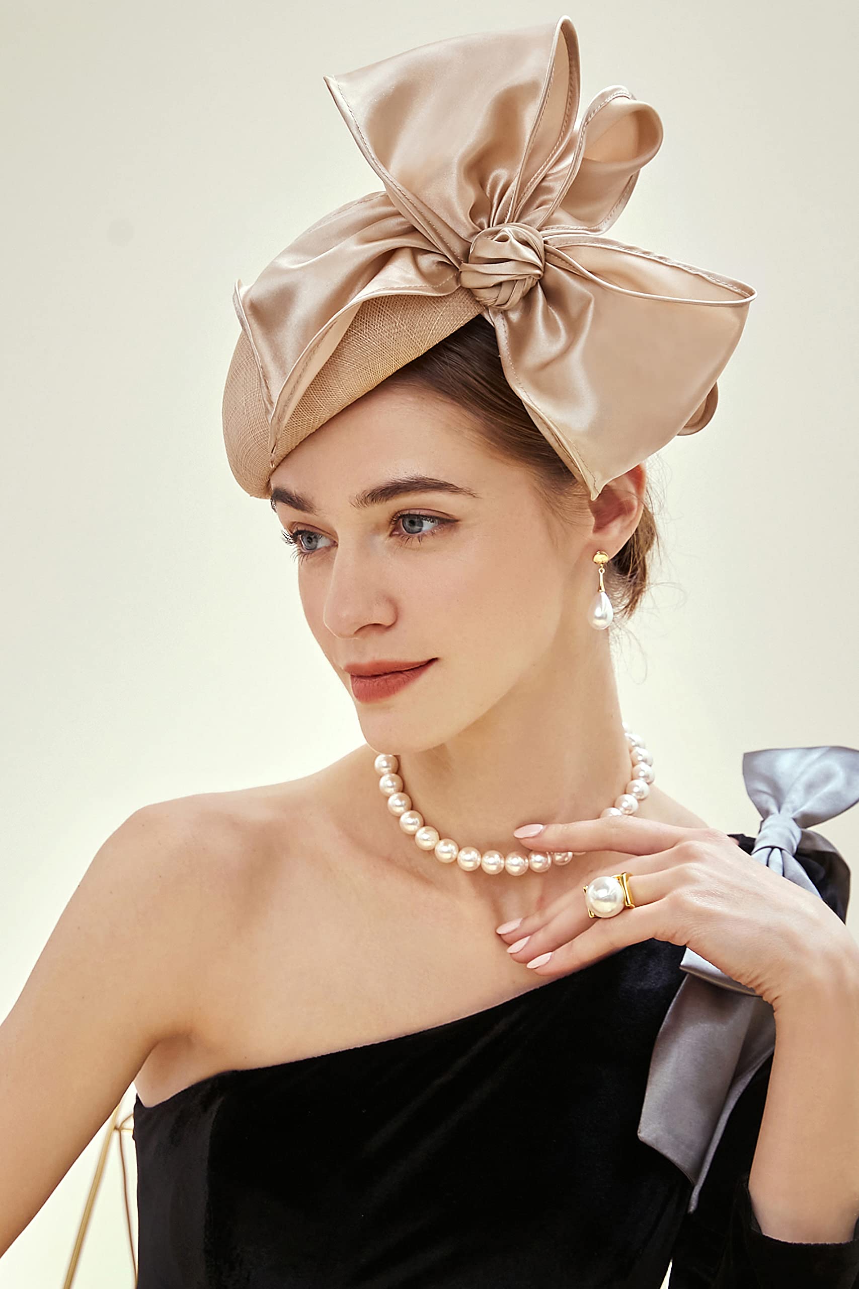 BABEYOND Fascinator Hat for Women Tea Party Derby Hat Mesh Cocktail Pillbox Hat Bridal Wedding Headpiece Champagne
