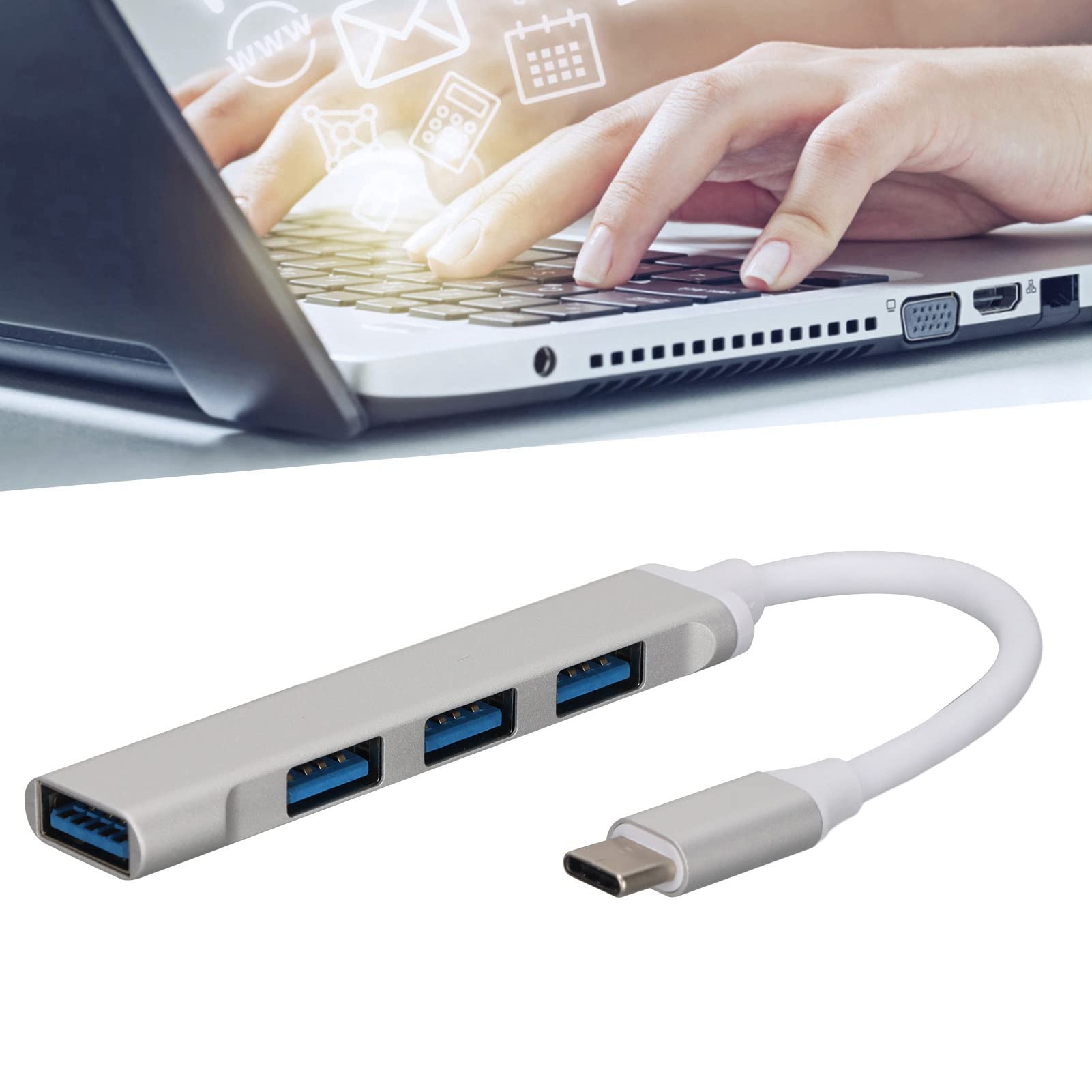 ASHATA USB C Hub, 4 in 1USB C to USB with 1 USB3.0 3 USB2.0 Ports, Mini Portable USB C Hub Adapter, for Laptop, Mouse, Keyboard, Hard Disk, Mobile Phone, Tablet(Silver)
