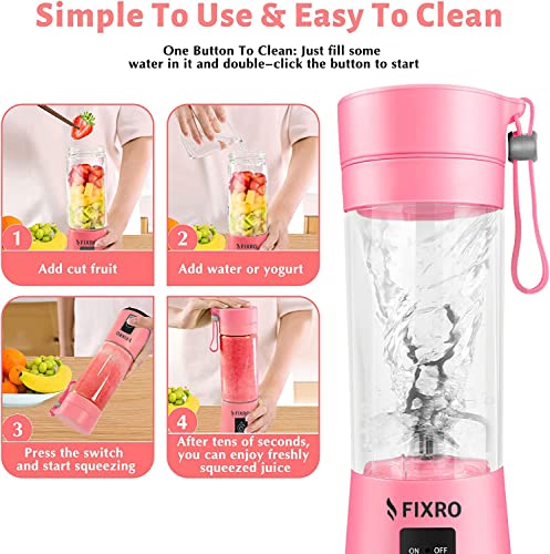Portable Blender, Personal Blender for Smoothies and Shakes, Mini Fruit Juicer Cup Blender, Kitchen Personal Size Blender with USB Rechargeable, 380ml Traveling Fruit Juice, Veggie, Milk 6-3D Blades (Pink)