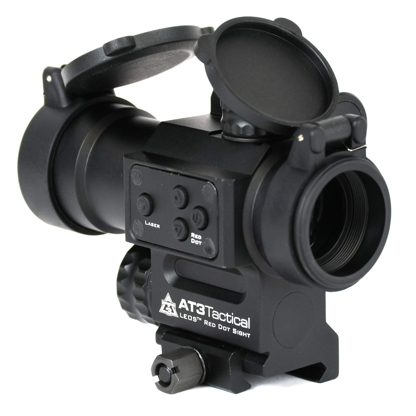 AT3 LEOS Red Dot Sight with Integrated Green Laser Sight - 2 MOA Red Dot Scope with Flip Up Lens Caps