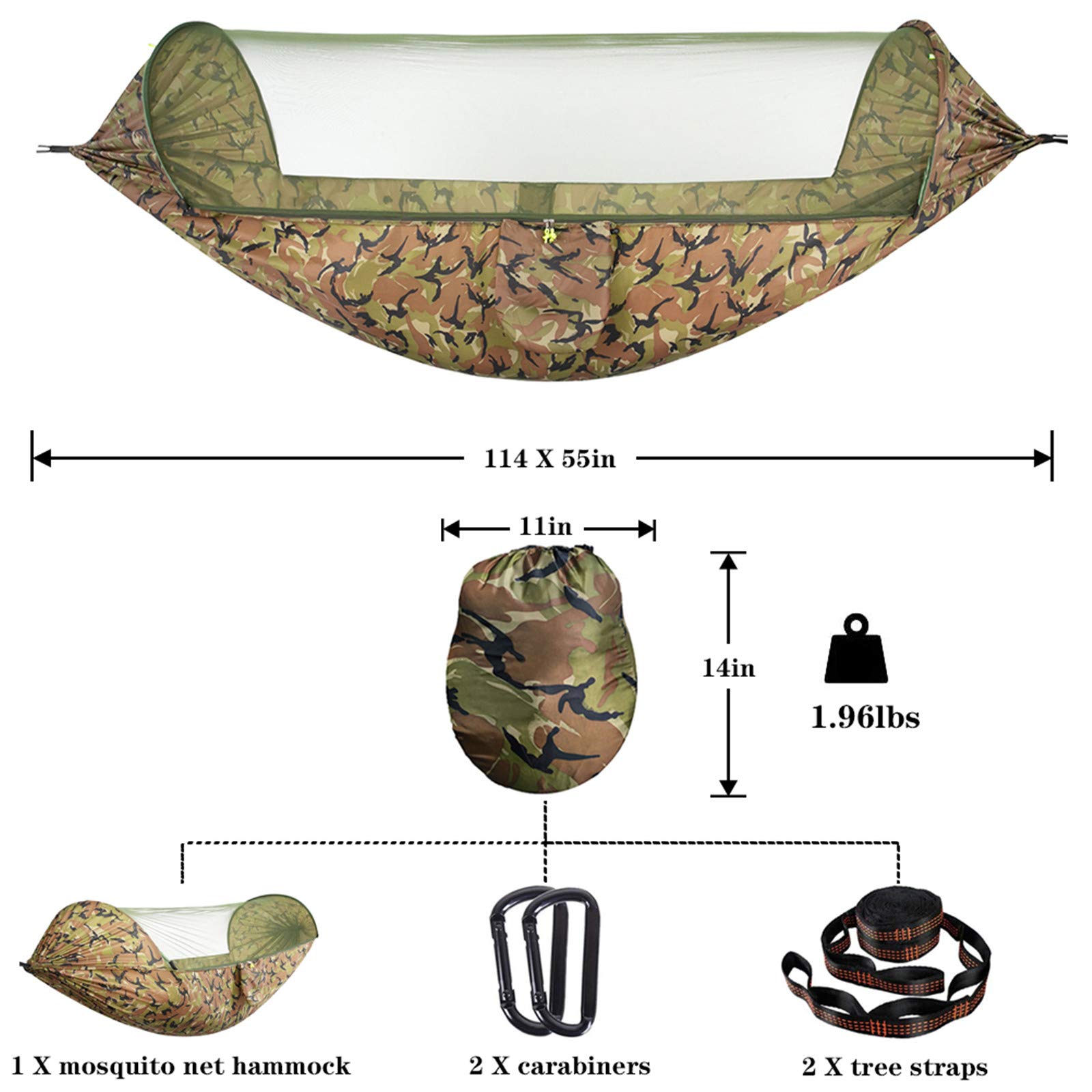 AMZQJD Camping Hammock with Automatic Pop-up Mosquito Net, Portable Single & Double Hammock with Tree Straps, Carabiners and Storage Bag for Outdoor, Travel, Hiking(Camouflage)