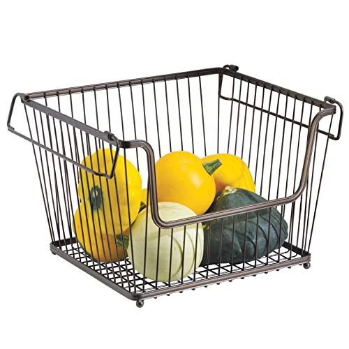 mDesign Stackable Metal Basket for Kitchen Storage - Large Wire Farmhouse Bin Basket w/Handles for Pantry - Stacking Wire Basket Organizer for Food, Drinks - Hyde Collection, 3 Pack, Bronze