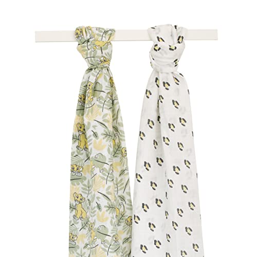 Disney Lion King Simba Yellow, Green, and White 2Pk 100% Cotton 44" x 44" Muslin Swaddles with Plush Rattle