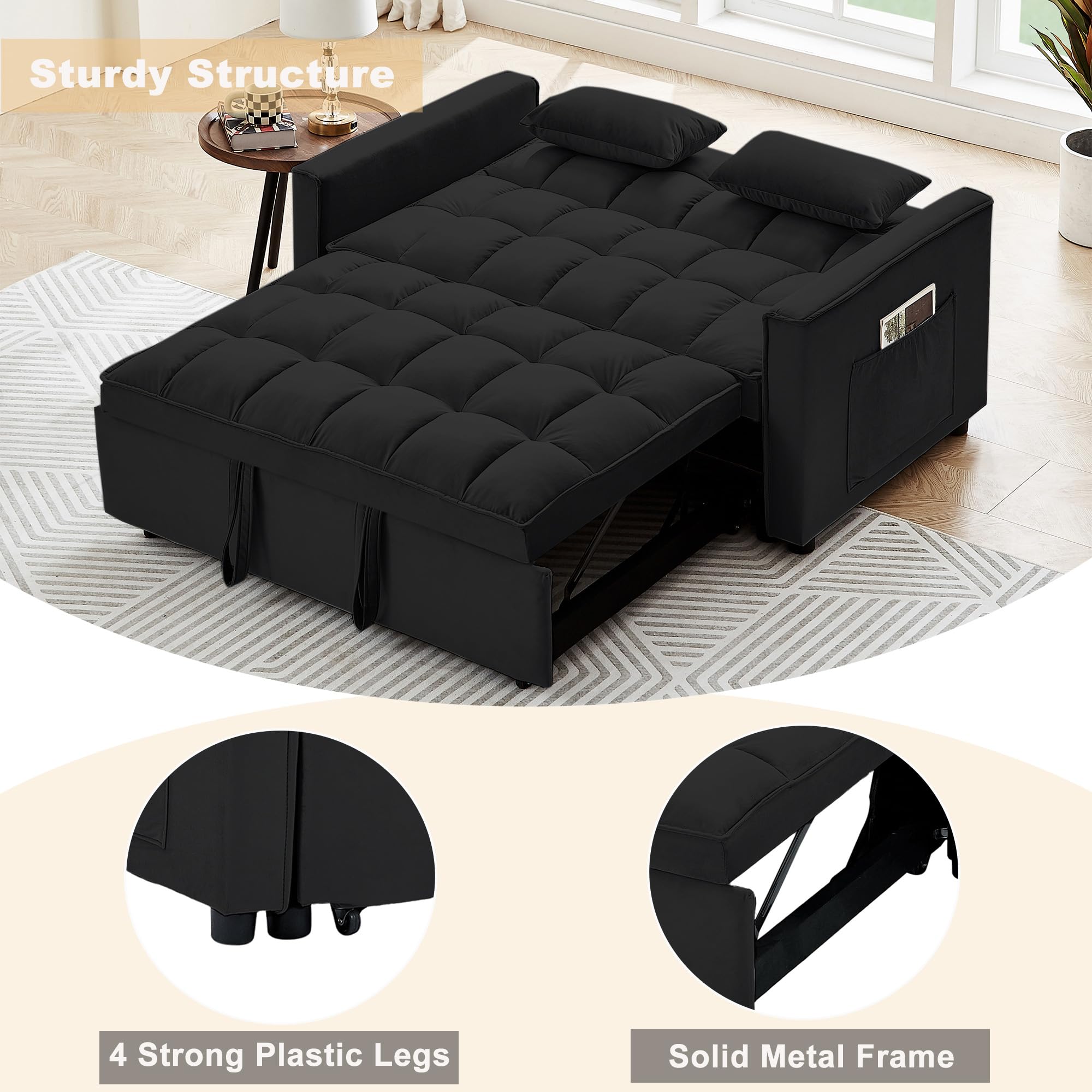 Suheww Black Pull Out Sofa Bed, 3 in 1 Convertible Small Couch for Bedroom,2 Seater Sofa Cama with Adjustable Backrest Velvet Futon Chaise Lounge for Small Spaces Living Room Office