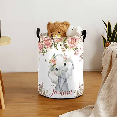 Personalized Laundry Basket for Boys Girls with Name Flowers Custom Baby Laundry Hamper with Handle Collapsible Clothes Storage Bathroom Living Room Bedroom Decor (Baby Elephant)