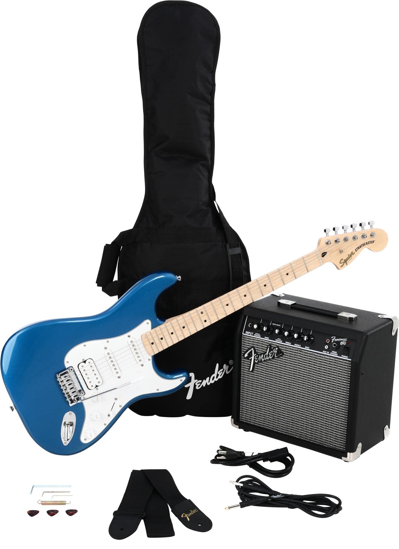 Fender Squier Affinity Series Stratocaster Electric Guitar Kit, with 2-Year Warranty, Lake Placid Blue, Maple Fingerboard with Frontman 15G Amplifier, Padded Gig Bag, Instrument Cable, and More