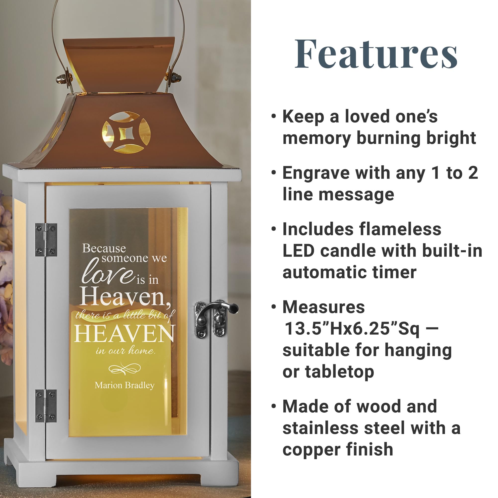Let’s Make Memories Personalized Memorial Lantern - Sympathy - Condolences - LED Candle - Automatic Timer - Wood/Stainless Steel - Copper Finish - for Loved Ones in Heaven