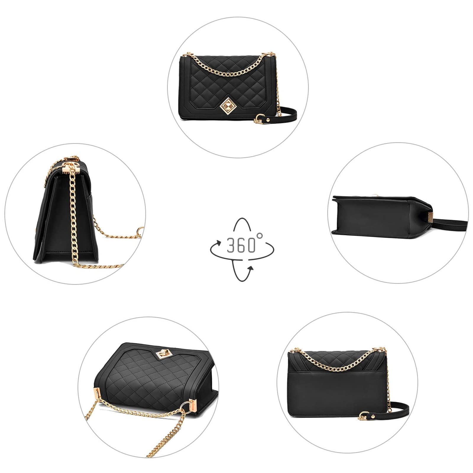 Women Black Quilted Purse Lattice Stylish Clutch Small Crossbody Shoulder Bag with Chain Strap
