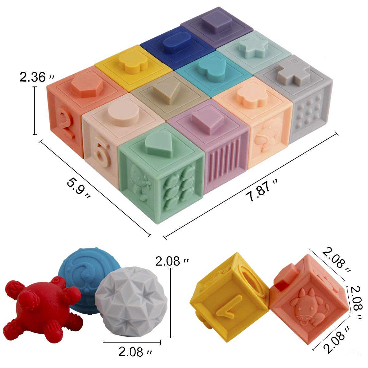 BOBXIN Baby Stacking Building Soft Block Toys, Infant Shape Sorter with Sensory Texture, Educational Learning Toy for Play Matching & Threading Game, Silicone Teething Toys for Babies 6-12 Months