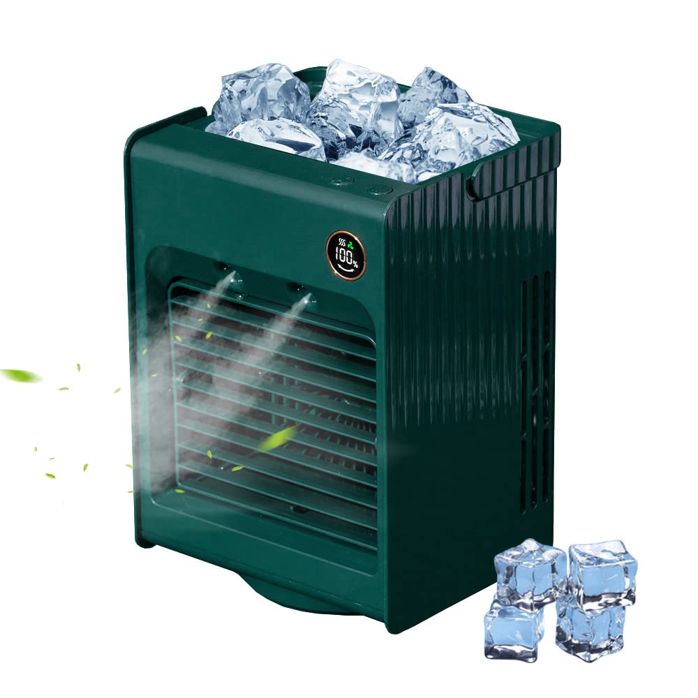 Personal Desk Fan With Cool Misting & Night Light, Built-in 300ML Water Tank Portable Air Conditioners with Handle, 120°Auto Oscillation, 4000mAh Rechargeable Battery Mini Evaporative Cooler for Small Room Camping(Green)