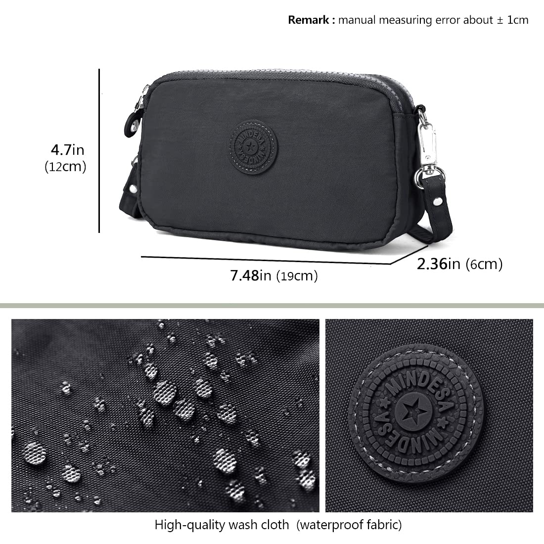 Mindesa Small Crossbody Bags, Light Wristlet Clutch Wallet,Nylon Shoulder Phone Purse,Passport Wallets,Waterproof Zip Handbags(Black)
