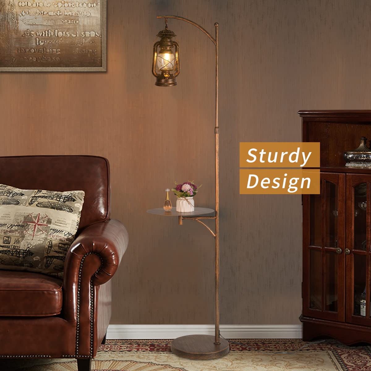 beaysyty Farmhouse Adjustable Floor Lamps with Tray Lantern Tall Standing lamp for Bedroom Home Decor for Office Cafe Den Living Room Bedroom, On/Off Foot Switch and Brushed Rustic (Red Copper)