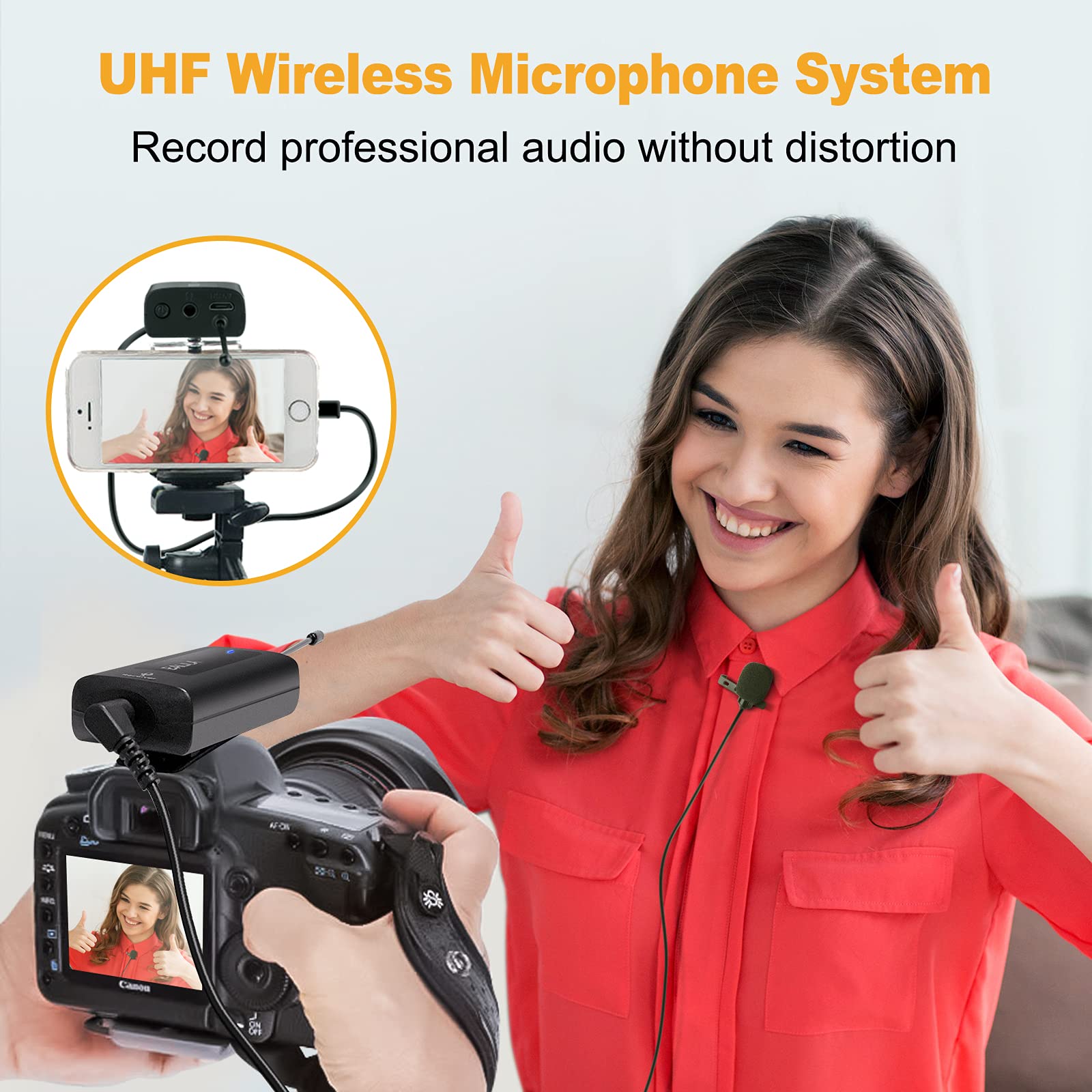 BALILA Wireless Lavalier Microphone System UHF Dual Lavalier Mic Lapel Microphone for iPhone/Android, DSLR Camera Microphone Real-time Audio Monitor Recording Vlog (1T1R)