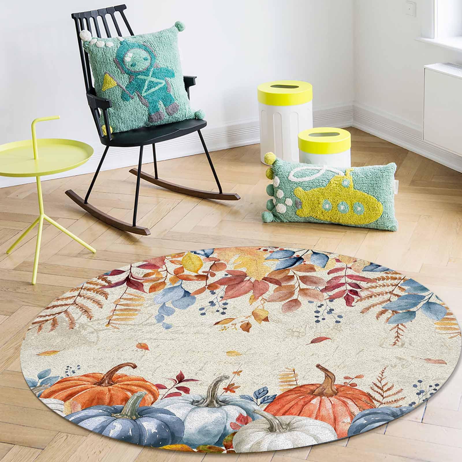 Blue Orange Thanksgiving Fall Round Area Rugs Collection 5', Non Slip Indoor Circular Throw Runner Rug Floor Mat Carpet for Living Room Dining Table Bedroom Nursery Maple Leaf Pumpkins Rustic