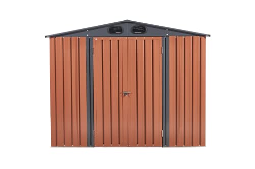 JAORD 8 x 6 FT Storage Shed, Outdoor Galvanized Steel Shed, Outside Garden Tool Storage House with Lockable Door for Patio, Backyard, Lawn Mower, Dark Brown…