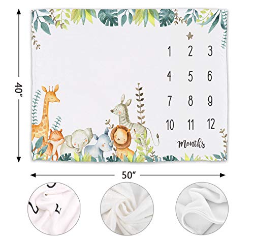 Popfavors, Yuzioey Safari Baby Monthly Milestone Blanket, Jungle Animals Baby Month Blanket , Baby Boy Blanket Growth Chart Nursery Decor, Includes Marker, White, 50Inx40In