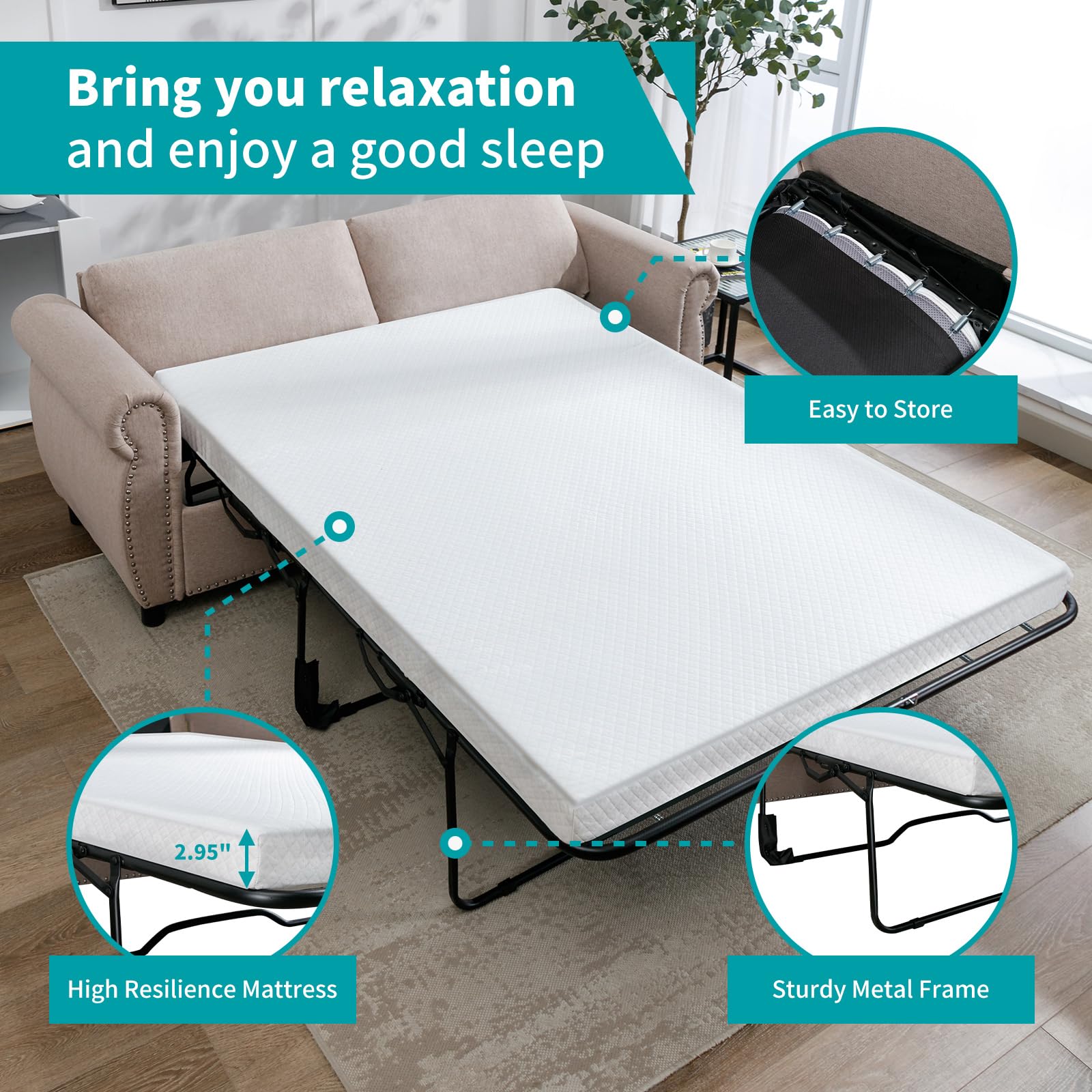 BALUS Queen Size 2-in-1 Pull Out Sofa Bed | Upholstered 2 Seat Memory Sponge Mattress Sofa | Convertible Couch Bed with Mattress | Sleeper Sofa Couch for Living Room Apartment Office - Beige
