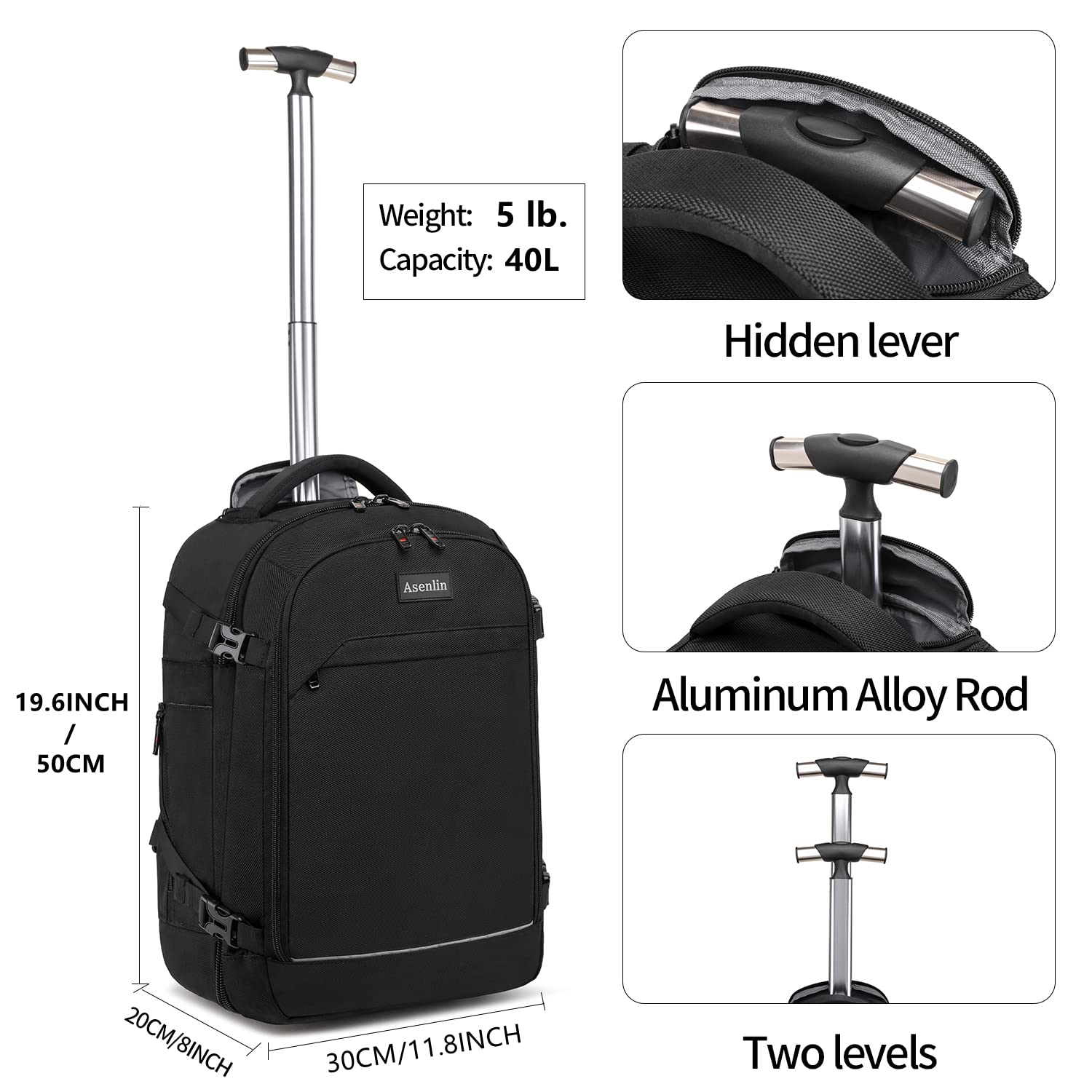 Asenlin 40L Rolling Backpack for Travel,Water Resistant Wheeled Laptop Backpack for Business,Fits 15.6-17 Inch Notebook,Durable Roller Computer Backpack for Women Men,Black