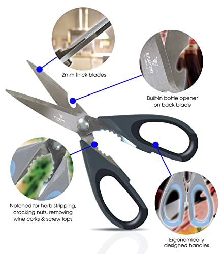 Better Kitchen Products Premium Kitchen Shears, 8.5", All Purpose Stainless Steel Utility Scissors, Heavy Duty, Meat Scissors, Poultry Shears, Multipurpose (2PK-Blk/Gray & Slvr/Blu)