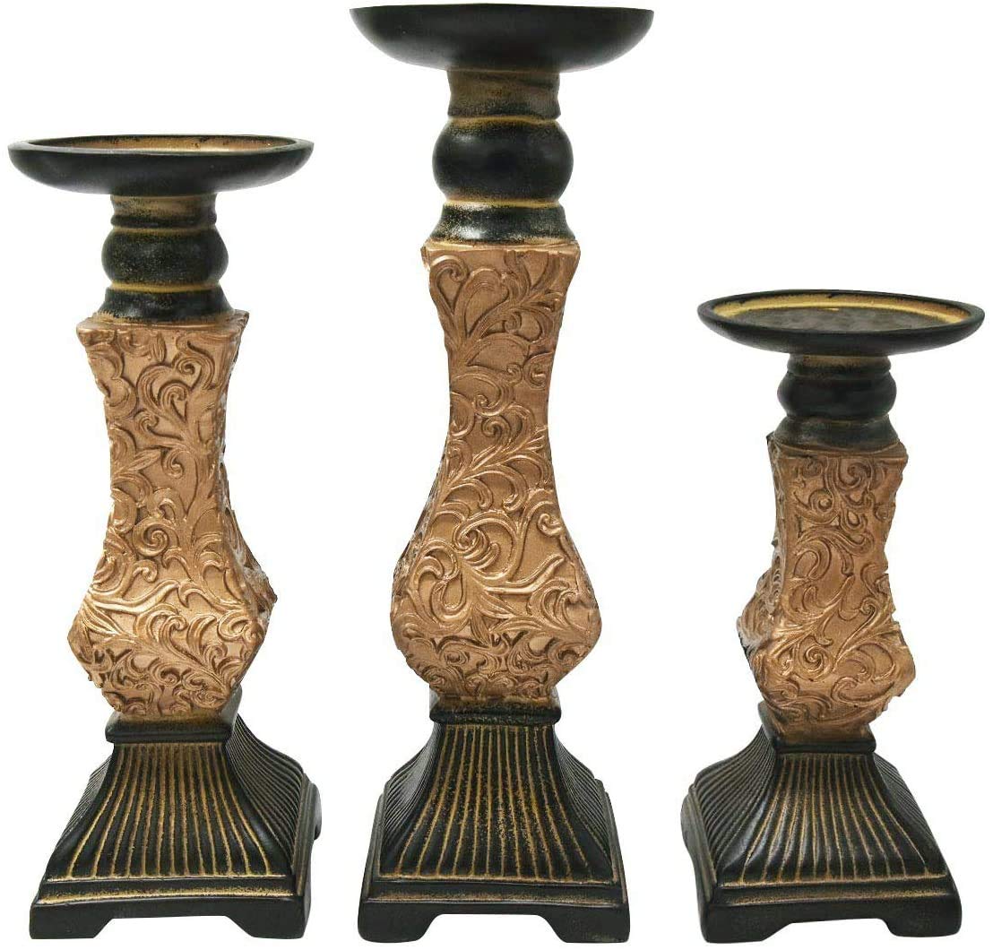 G-mart Set of 3 Gold Resin Pillar Candle Holders -12" H,10" H,8" H,Ideal for LED and Pillar Candles