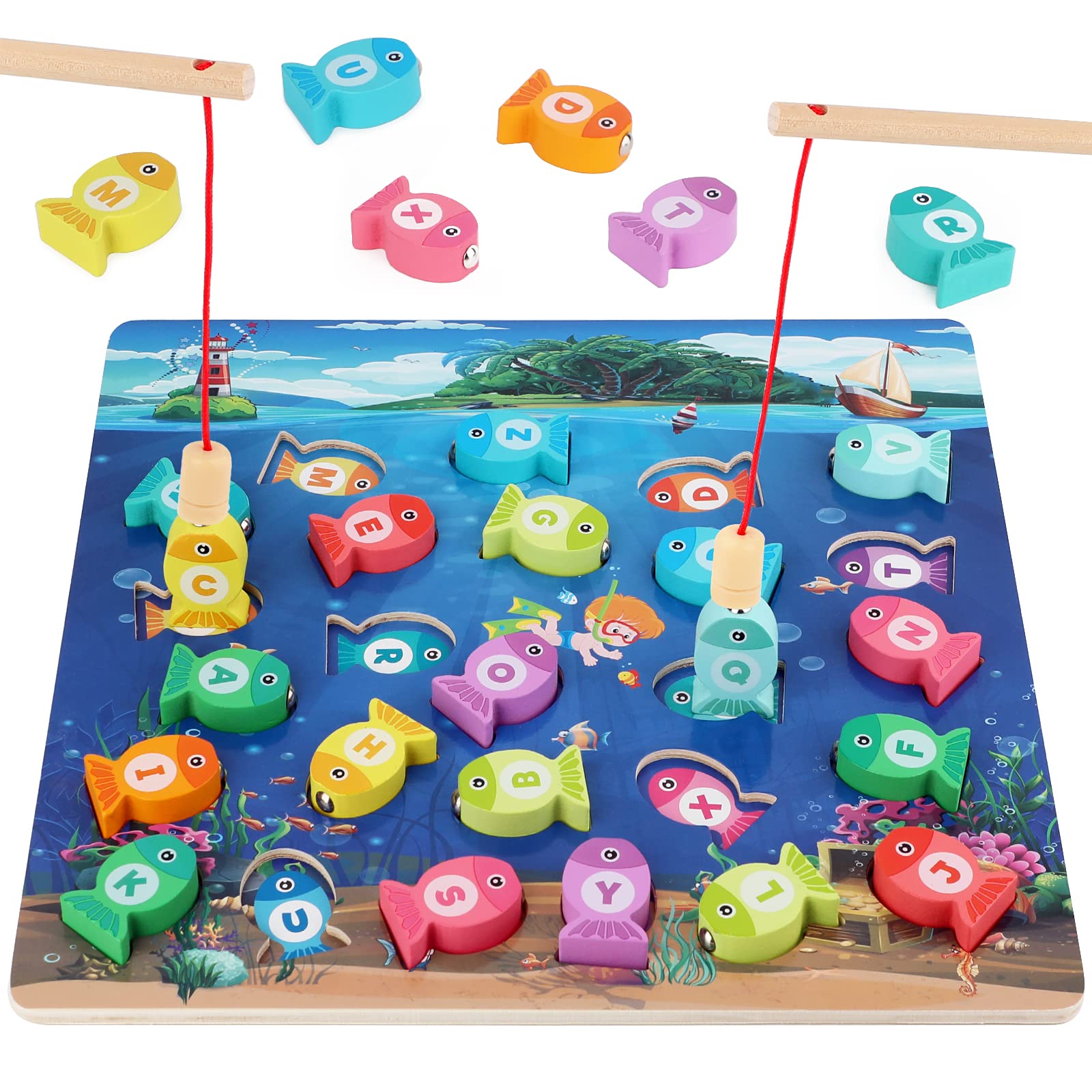 Torlam Magnetic Wooden Fishing Game Toy for Toddlers, Fine Motor Skill Toy ABC Alphabet Learning for Toddlers, Montessori Letters Cognition Preschool for Years Old Kid Early Learning with 2 Pole