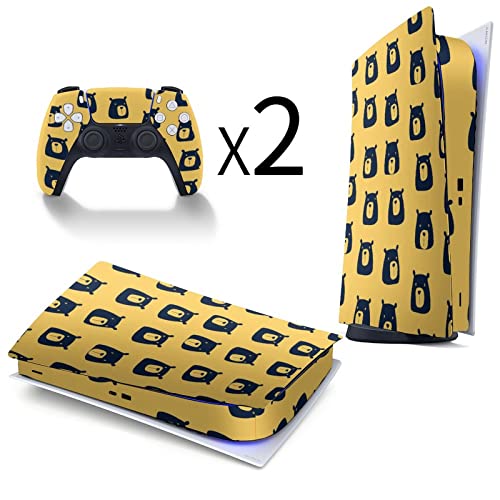 Bear on Yellow Full Protective Skin Cover Design Wrap Decal Sticker Compatible with PS5 Digital Edition Console and Controller