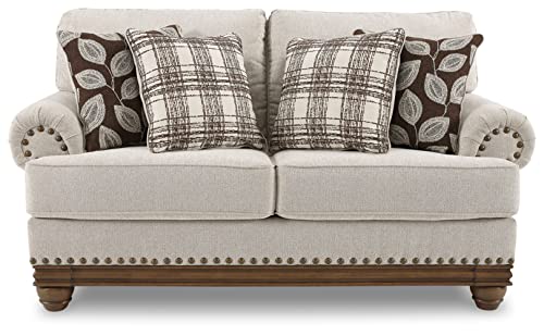 Signature Design by Ashley Harleson Modern Farmhouse Loveseat with Nailhead Trim and 4 Accent Pillows, Beige