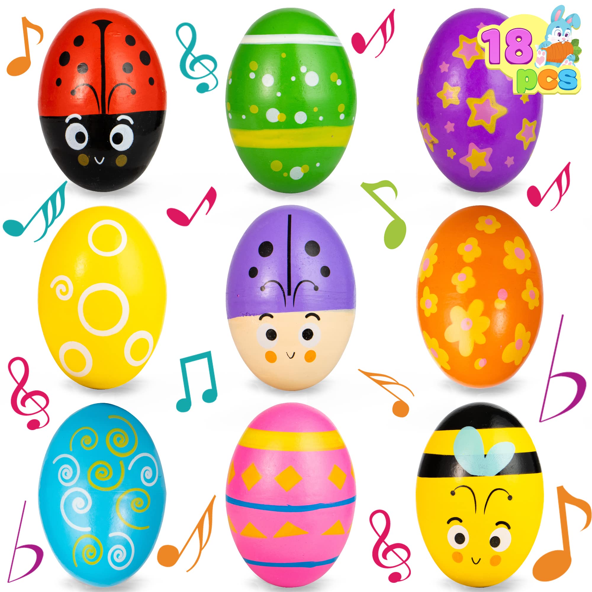 JOYIN 18 PCS Easter Wooden Percussion Musical Egg Maracas Egg Shakers for Party Favors, Easter Egg Hunt, Easter Egg Maracas, Musical Instrument Props, Basket Stuffers Fillers