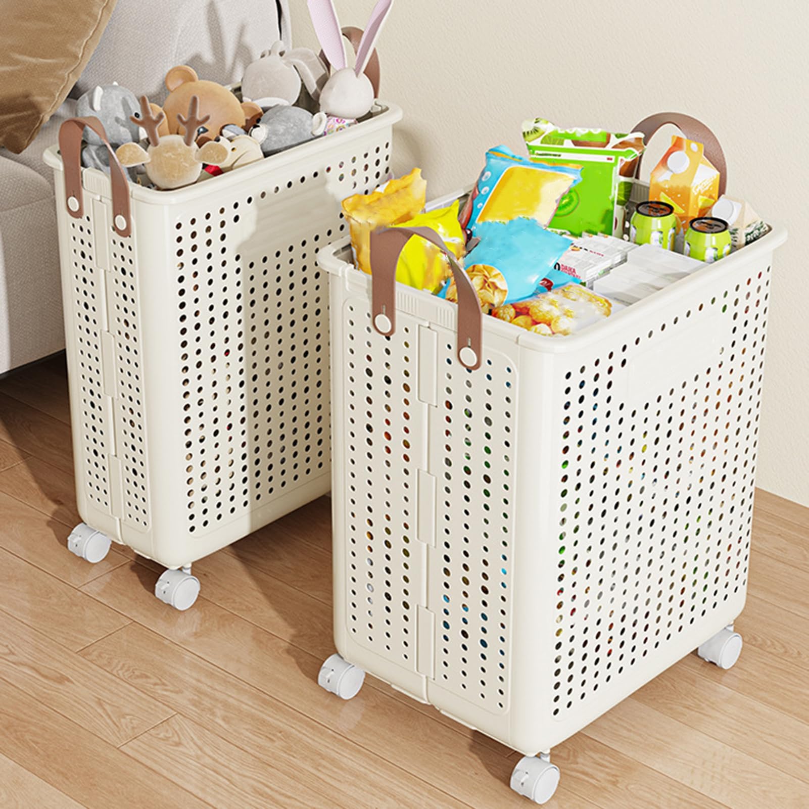 curfair Laundry Basket Foldable with Wheels, Collapsible Laundry Hamper, Slim Laundry Basket Organizer Wheeled Laundry Basket Plastic, Dirty Clothes Basket for College Dorm, Bathroom White M