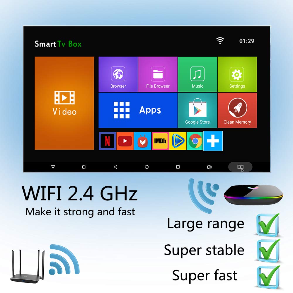 Android 9.0 TV Box, EVANPO Smart Box Android TV Player 4GB RAM 64GB ROM Quad Core Speed Support 3D/ 4K/ 6K Ultra HD/H.265/2.4GHz WiFi/USB 3.0/ HDR with Wireless Mini Keyboard