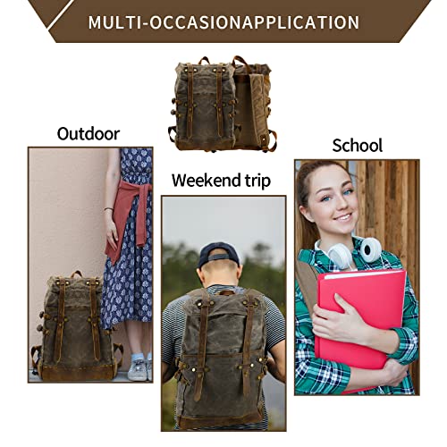 CRUITBILI Waxed Canvas Leather Hiking Travel Waterproof Backpack For College Weekend Travel Fit 15in Laptops (Army Green)