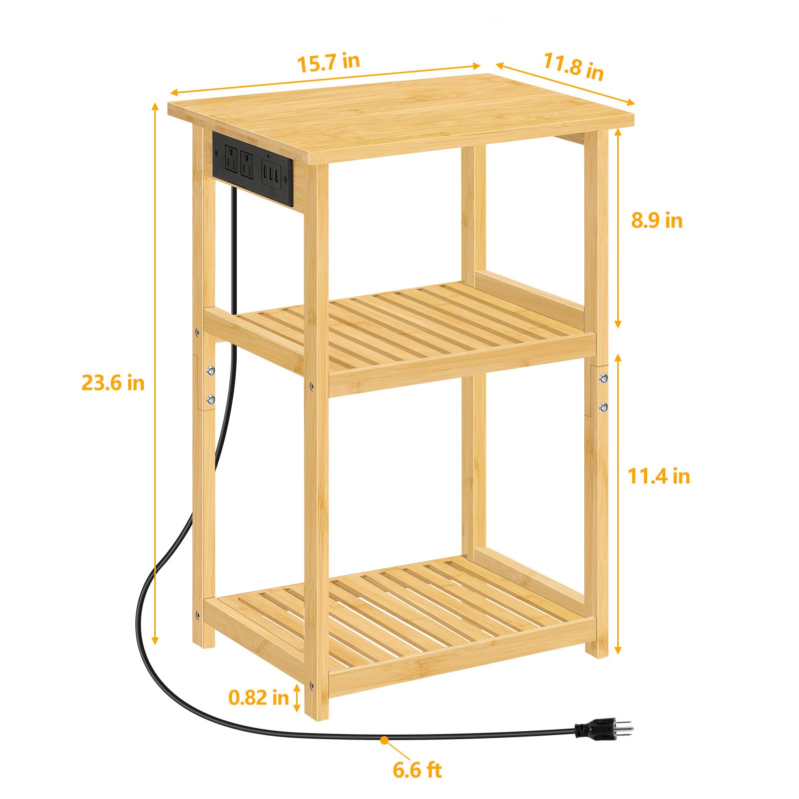 Bamboo End Table, 3 Tier End Table Side Table with Storage Shelf, Nightstand with Charging Station, Small Bedside Table with USB Ports and Outlets for Bedroom Sofa Office, 3 Tier Side Table