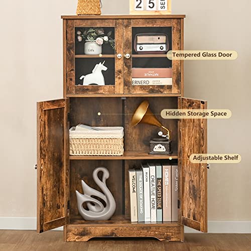 Iwell Storage Cabinet, Bathroom Cabinet with 4 Doors and Adjustable Shelf, Floor Cabinet for Living Room, Bedroom, Home Office, Rustic Brown