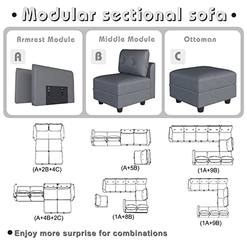 LLappuil Convertible Modular Sofa Faux Leather Fabric U Shaped Sectional with Reversible Chaise, 5 Seater Storage Sofa Sleeper Couch with Ottoman, Dark Grey