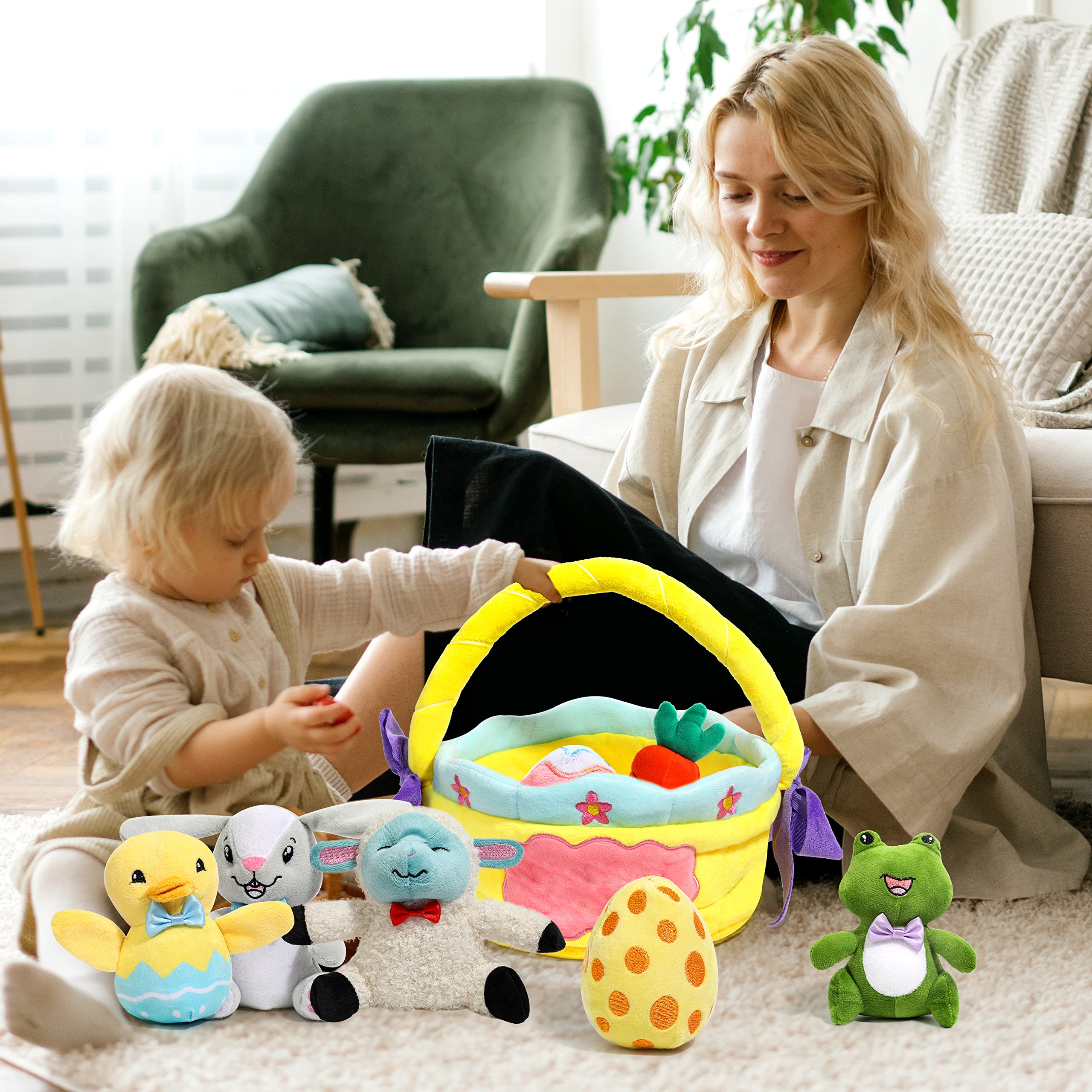 JOYIN 8 Pcs Easter Plush Basket Playset Stuffed, Cute Style Basket Stuffers, for Baby Kids Gifts, Easter Party Favors Easter Decor
