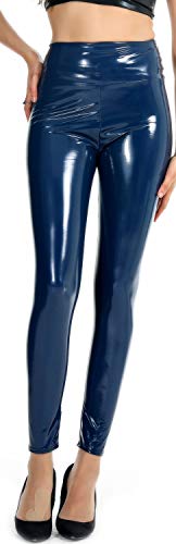 Falags High Waisted Faux Leather Leggings for Women Shiny Latex Pants Sexy Punk PU Tight Trousers, Navy, Medium