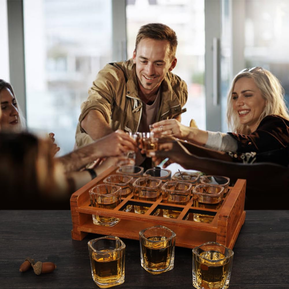 BARGIFTS 12pc Shot Glass Set,Party Server Shot Glasses Set with Rustic Rufous Wood Serving Tray,Crystal Shot Glass for Whiskey, Party & Collection