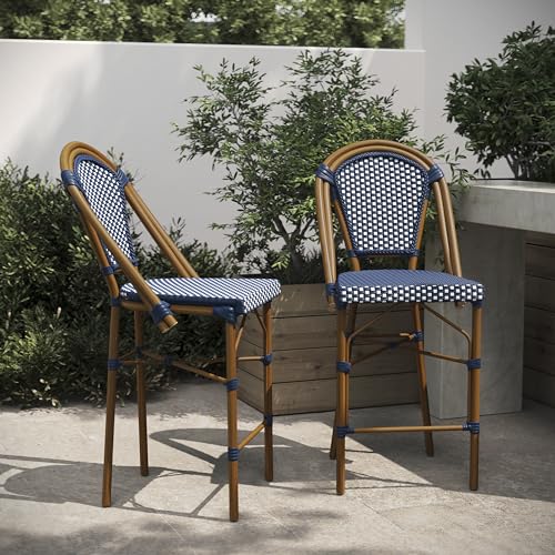 Flash Furniture Bordeaux Commercial Grade Bistro Counter Height Stool, Stackable Indoor/Outdoor Dining Stool, 26" High, Set of 2, Navy/White and Natural Finish