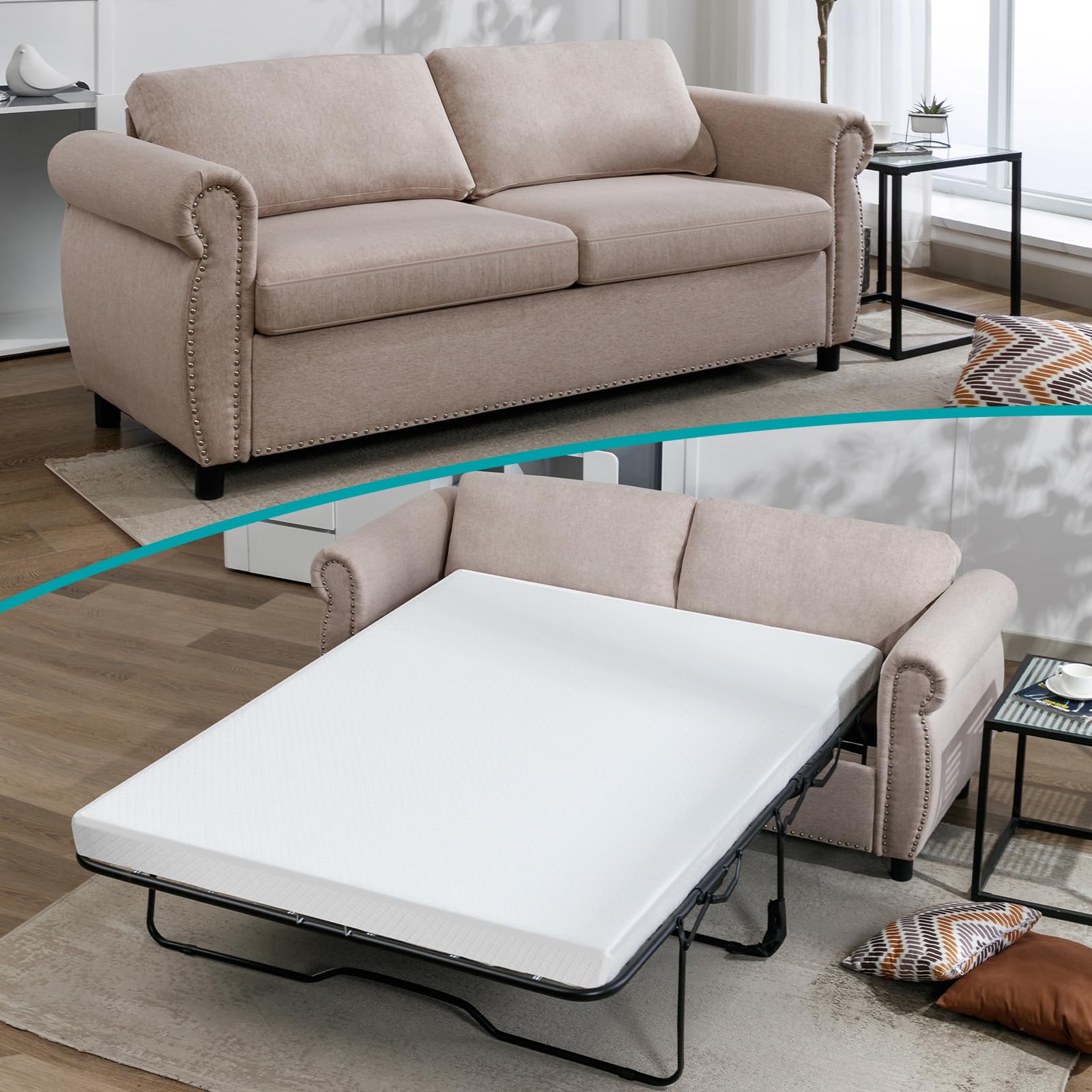 BALUS Queen Size 2-in-1 Pull Out Sofa Bed | Upholstered 2 Seat Memory Sponge Mattress Sofa | Convertible Couch Bed with Mattress | Sleeper Sofa Couch for Living Room Apartment Office - Beige